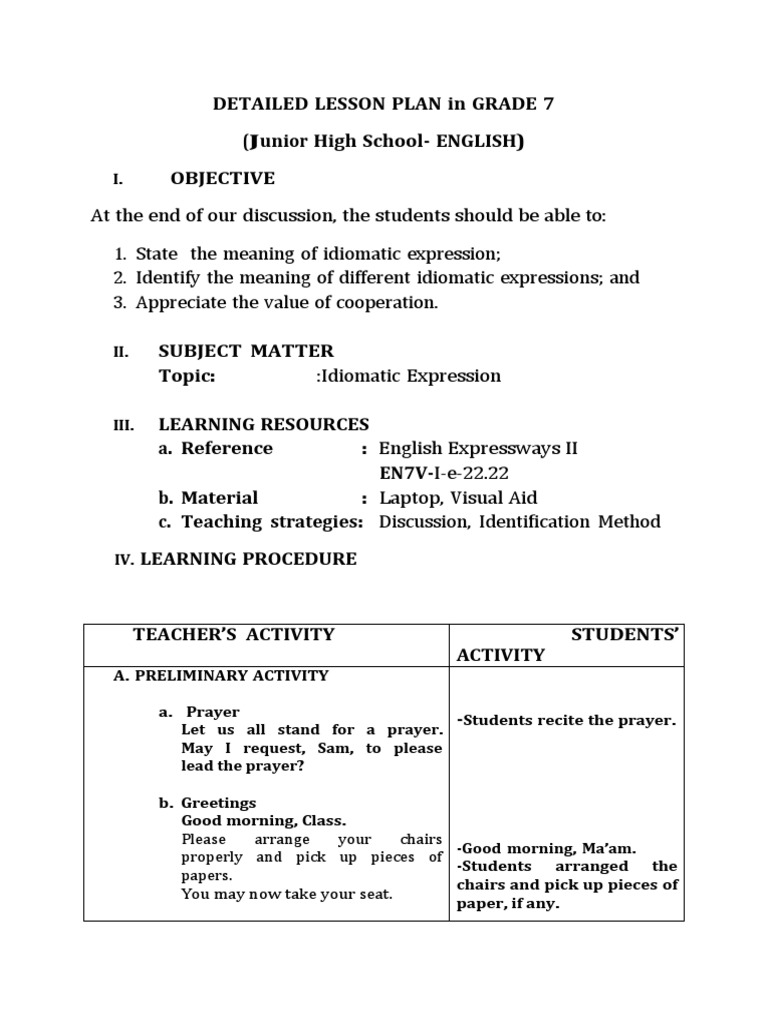 Detailed Lesson Plan in Grade 7 | PDF | Idiom | Lesson Plan