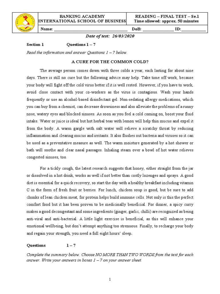 Read The Information and Answer Questions 1 - 7 Below.: Date of Test ...