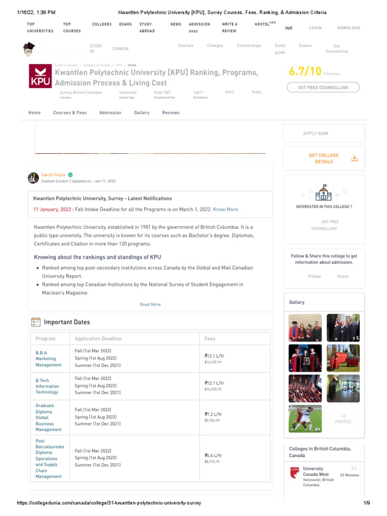 Kwantlen Polytechnic University (KPU), Surrey Courses, Fees, Ranking ...