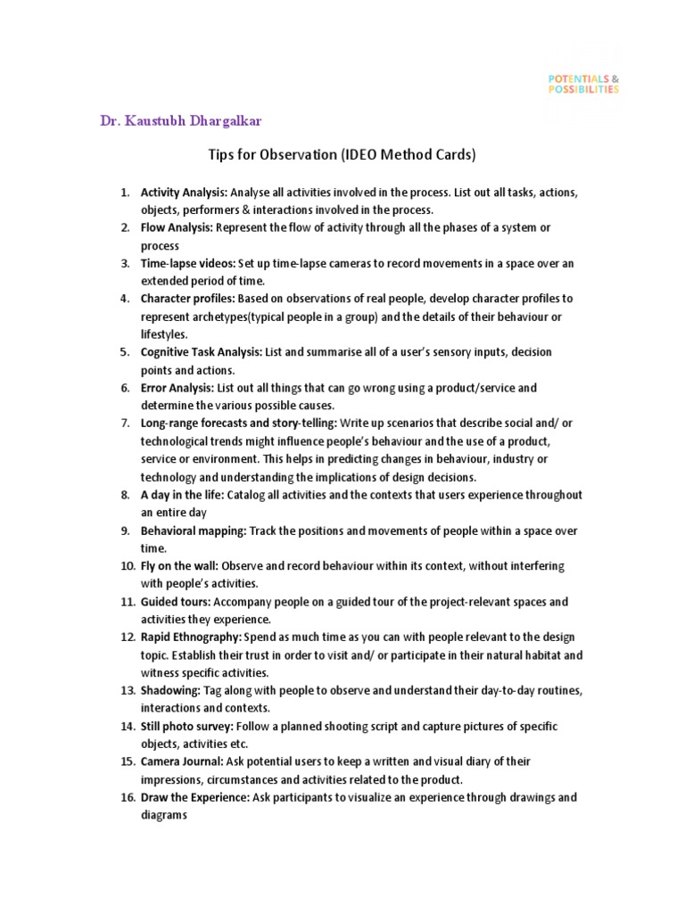 Tips For Observation (IDEO Method Cards) : Dr. Kaustubh Dhargalkar ...