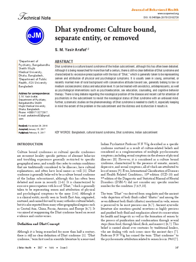 Dhat Syndrome: Culture Bound, Separate Entity, or Removed: Echnical ...