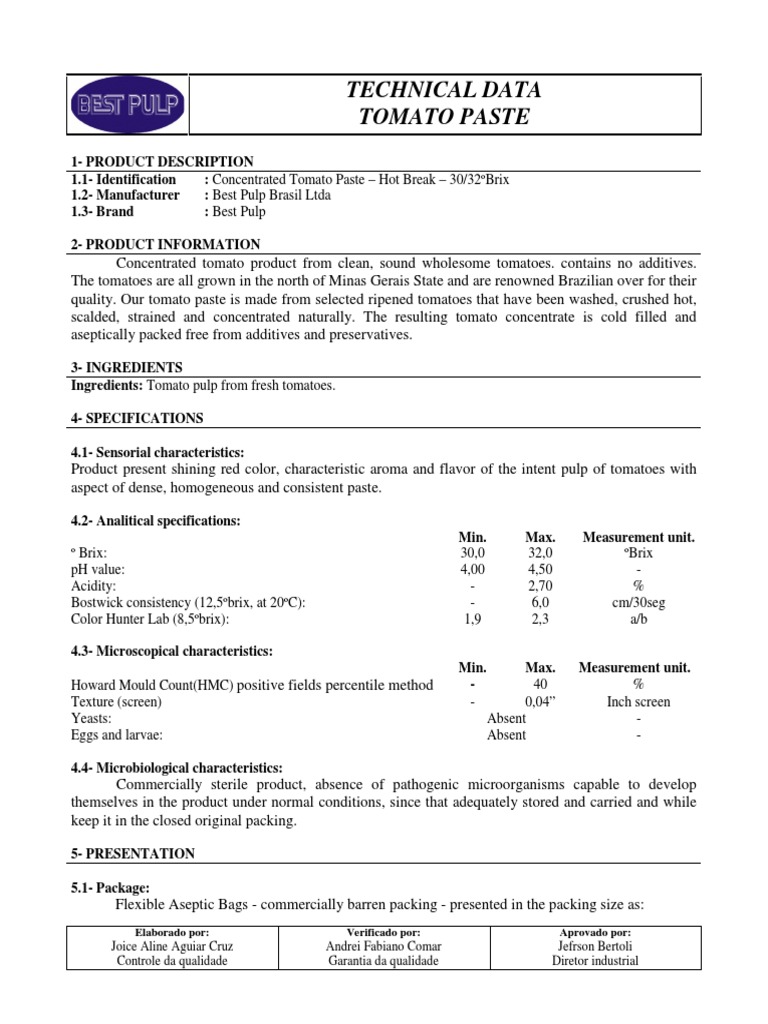Technical Data Tomato Paste | PDF | Tomato | Food And Drink