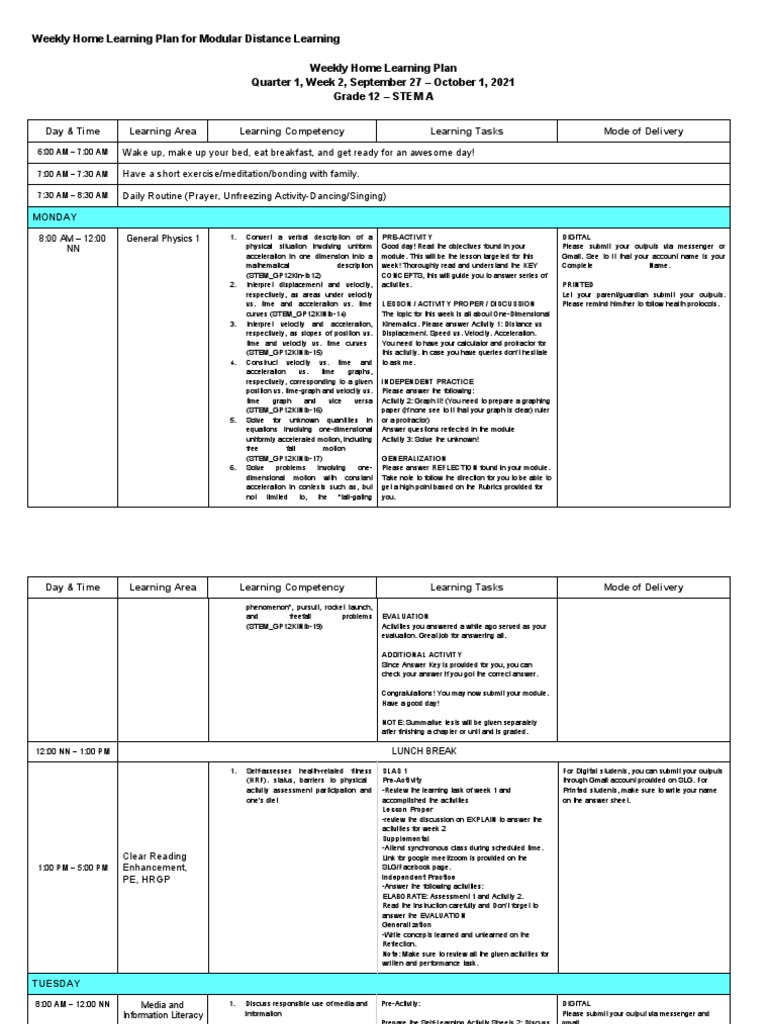 Grade 12 STEM Weekly Learning Plan | PDF | Velocity | Acceleration