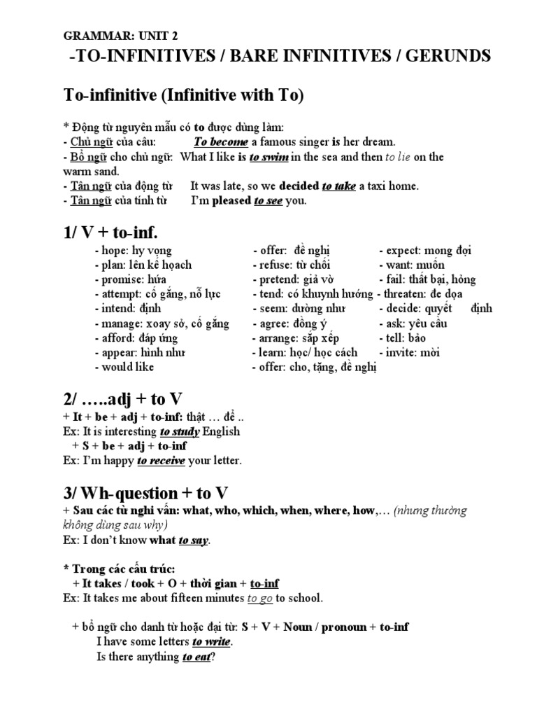 To-Infinitives / Bare Infinitives / Gerunds To-Infinitive (Infinitive ...