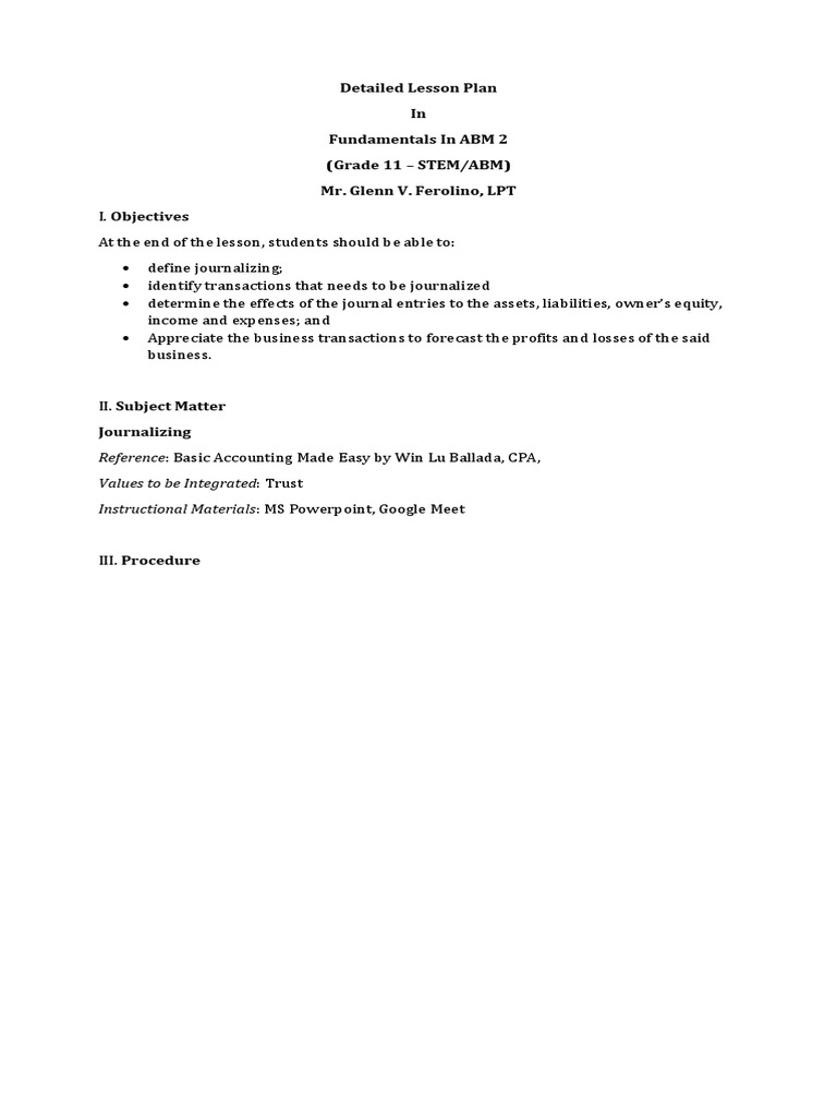 Detailed Lesson Plan in Fundamentals in ABM 2 (Grade 11 - STEM/ABM) Mr ...