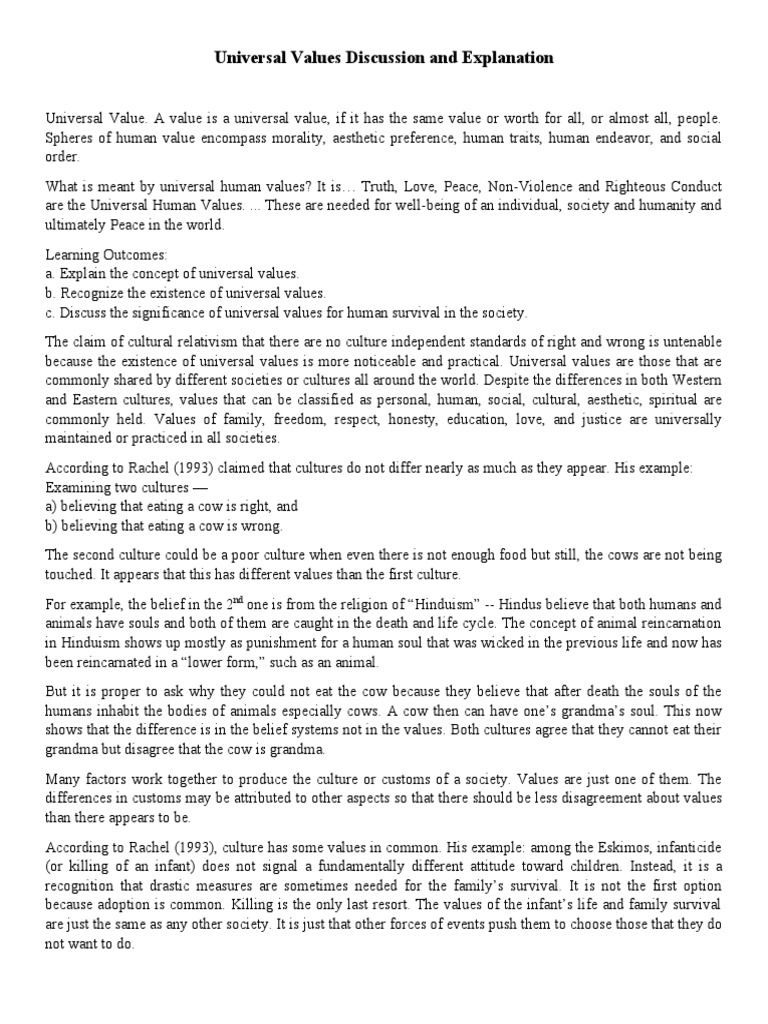 Universal Values Discussion and Explanation | PDF | Value (Ethics ...