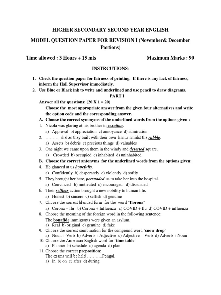Higher Secondary Second Year English Model Question Paper For Revision ...