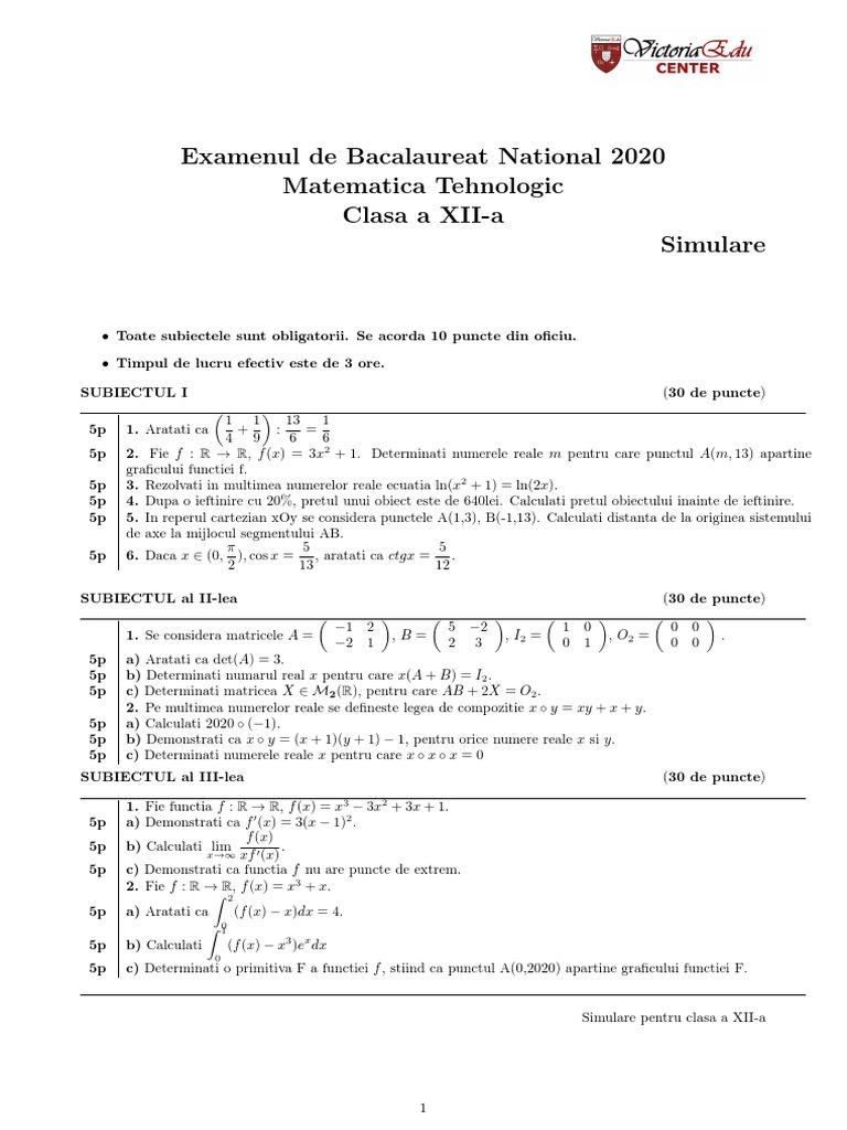 Simulare Matematica BAC TH - VictoriaEdu - 30.05.2020 | PDF