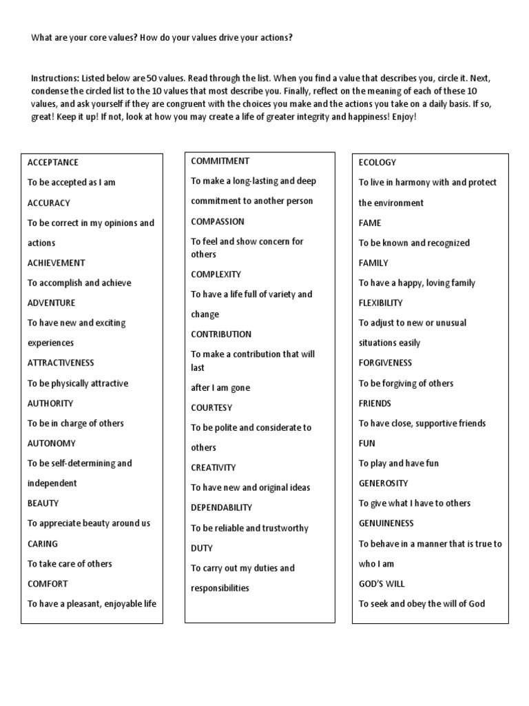CORE VALUES Activity | PDF | Psychology | Social Institutions