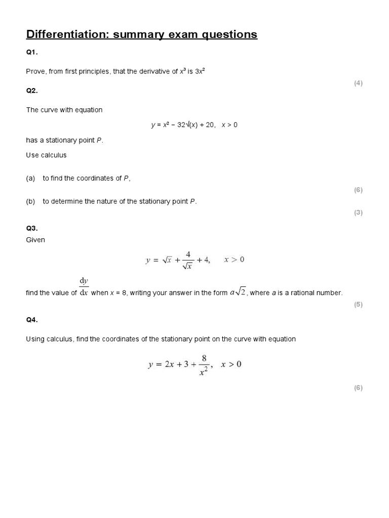 Differentiation Summary Exam Questions | Download Free PDF | Derivative ...
