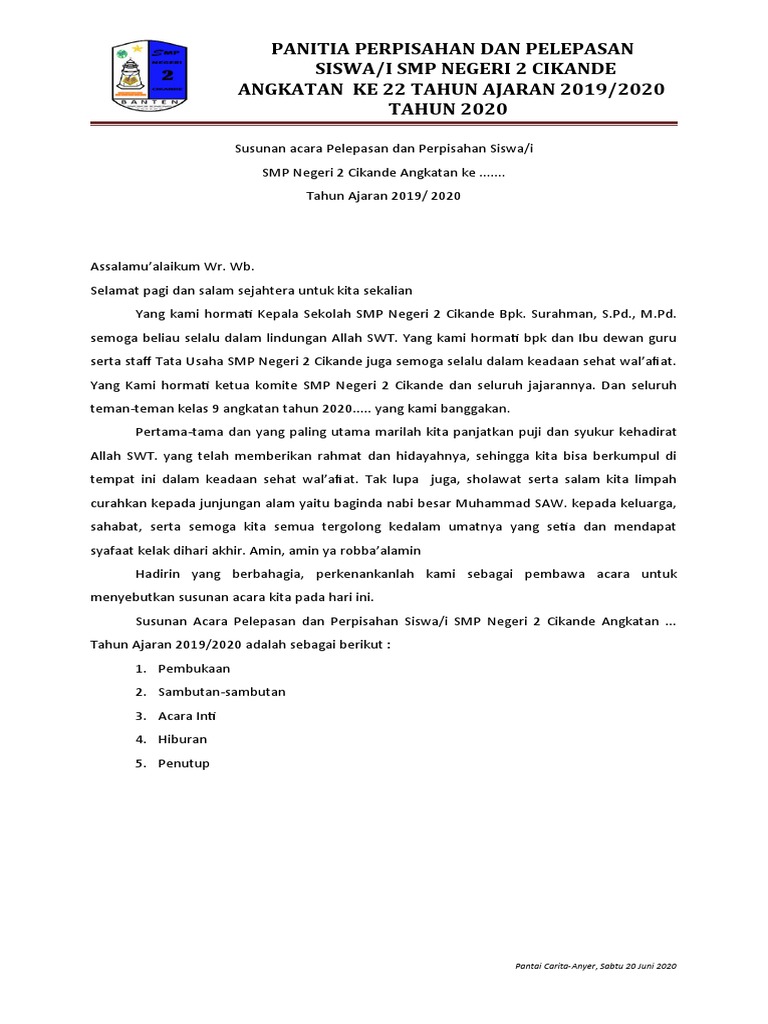 Naskah Susunan Acara Pelepasan Dan Perpisahan Siswa | PDF