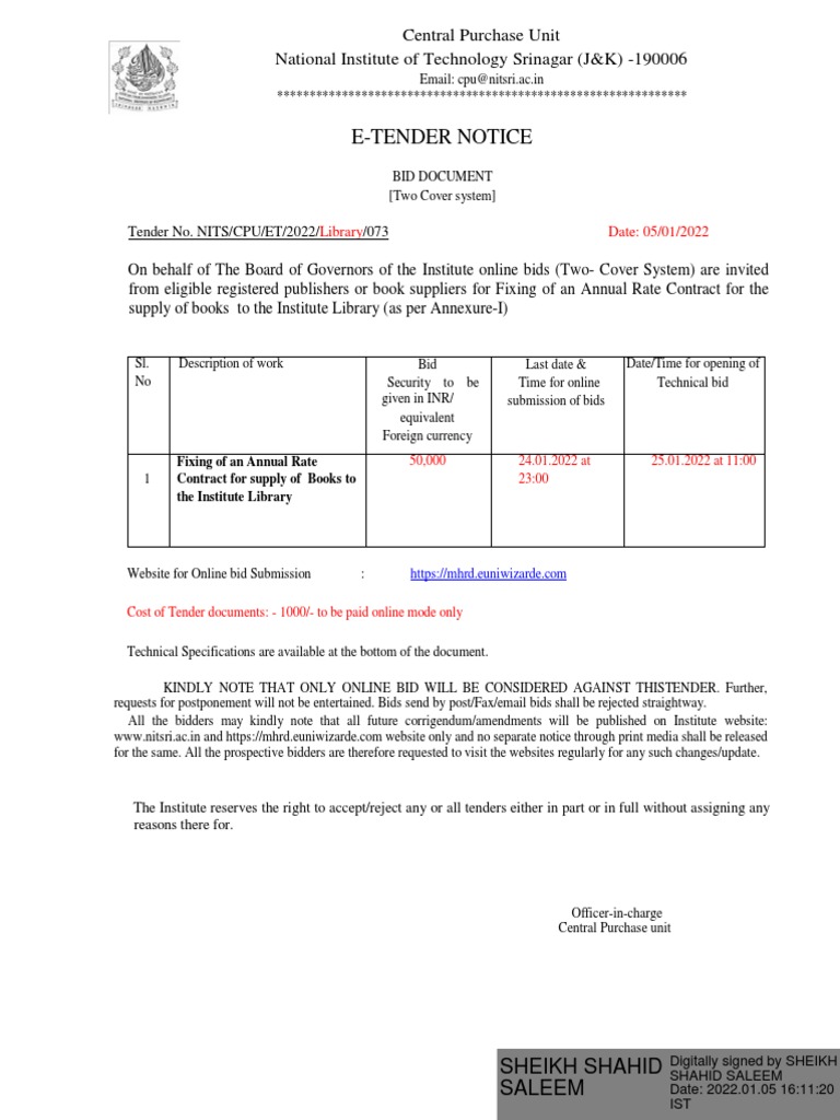 Tender Document Format For Rate Contract For The Supply of Books | PDF ...