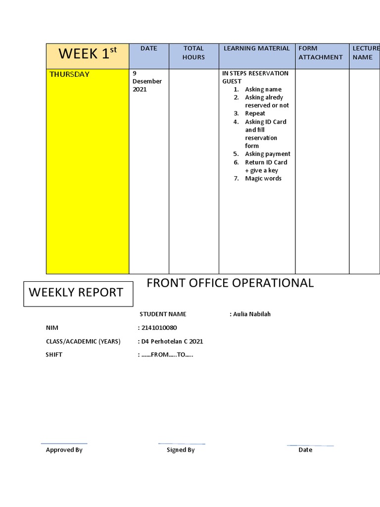 Weekly Report Front Office Operational | PDF