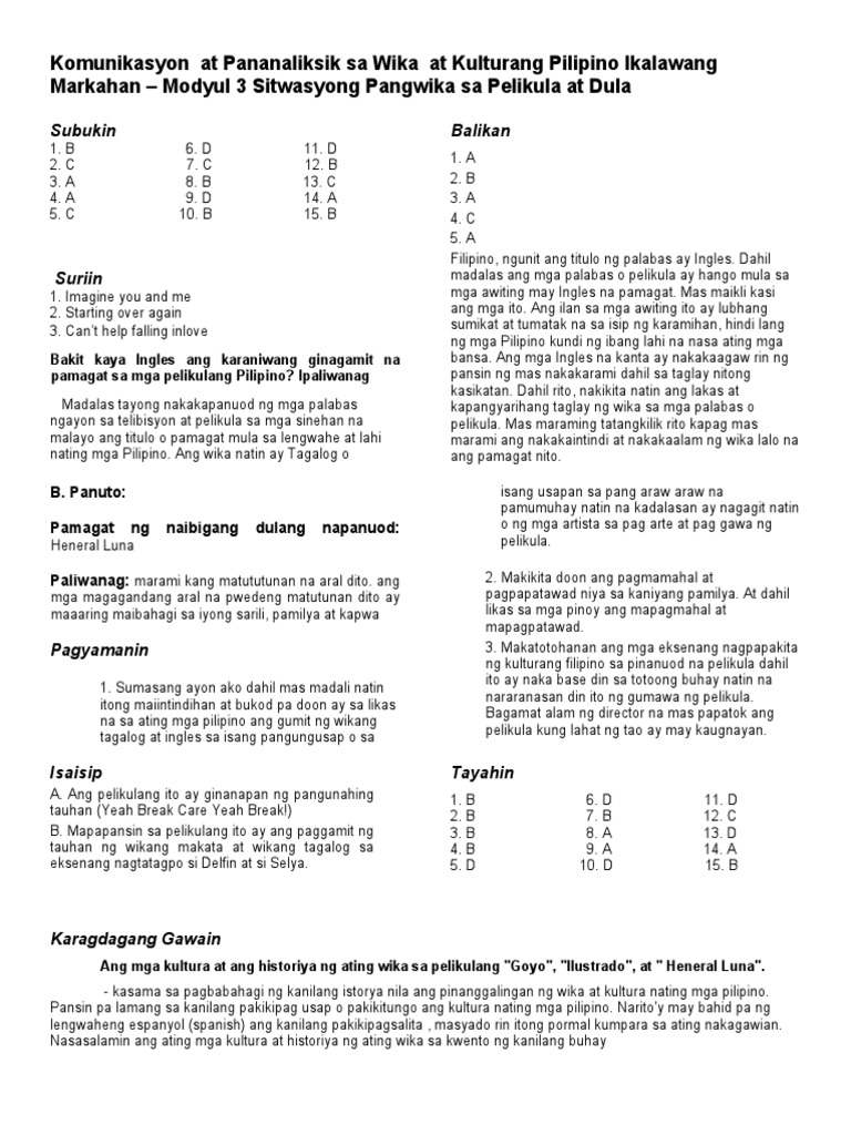 KPWKP - Q2 - Mod3 - Sitwasyong Pangwika Sa Pelikula at Dula (EJBOY) | PDF