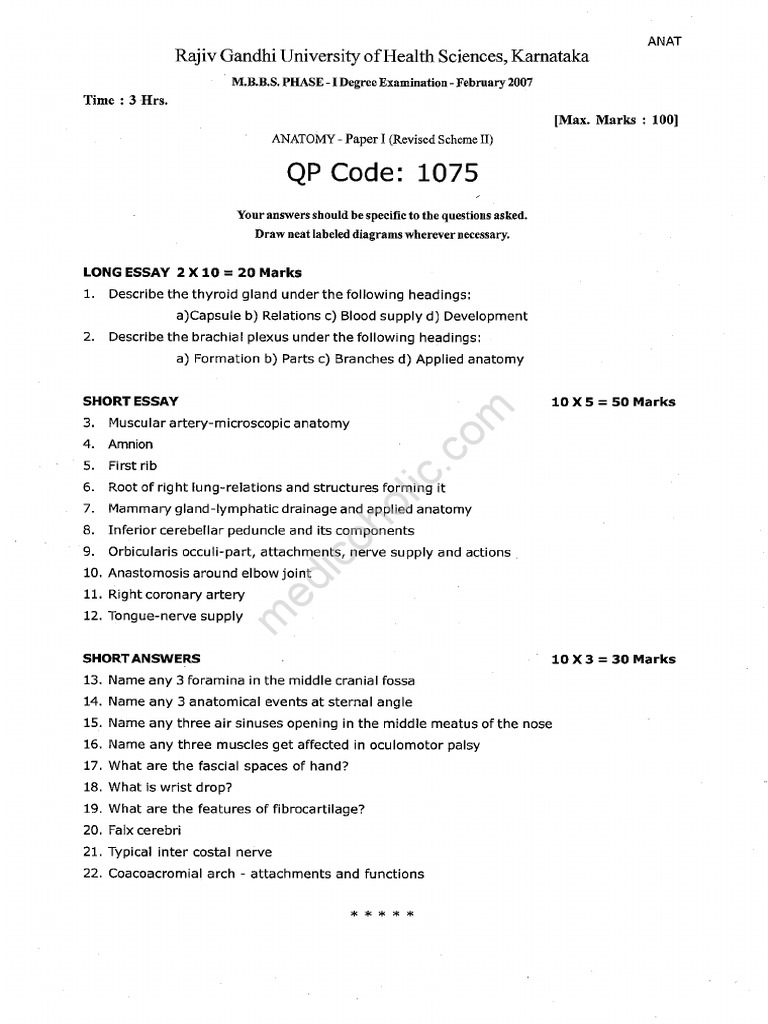 1st Year MBBS Question Papers RGUHS 2007 | PDF