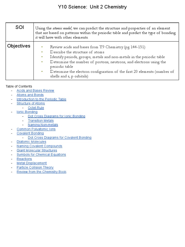 Y10 Science - Unit 2 Chemistry | PDF | Ion | Chemistry
