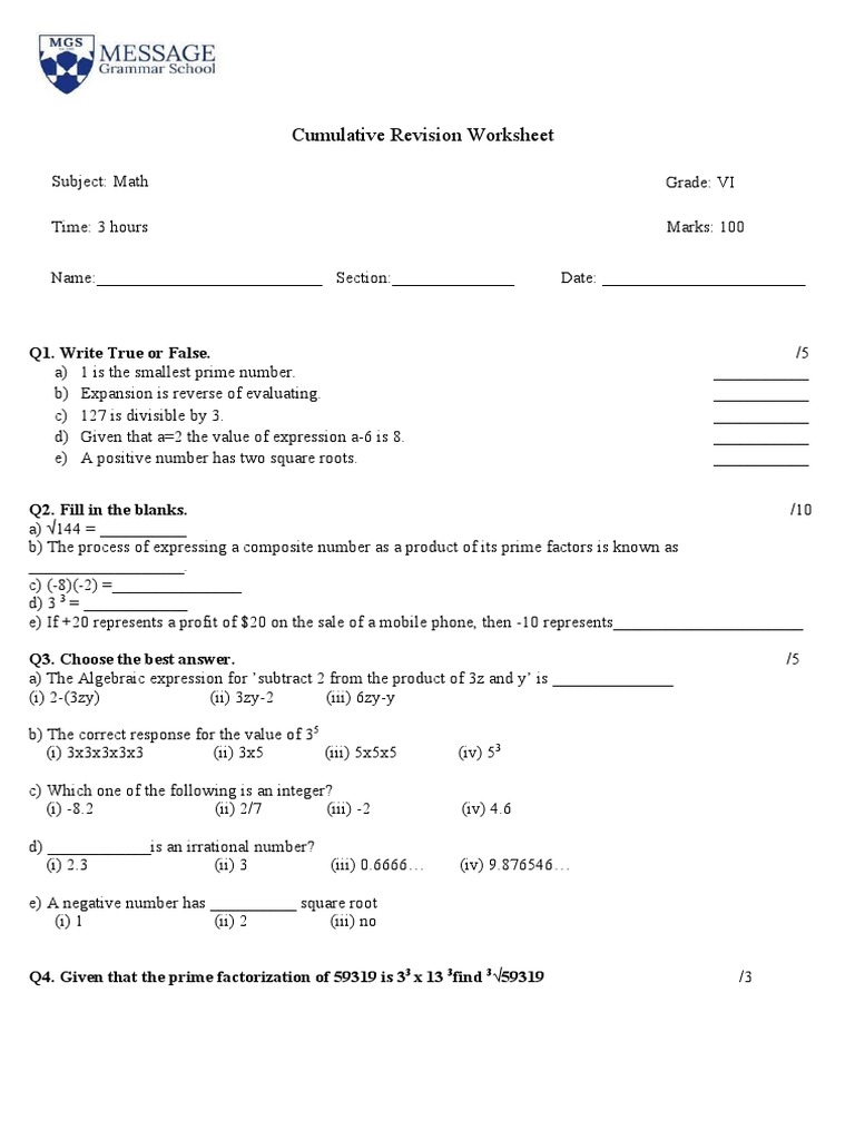 Cumulative Revision Worksheet | PDF | Numbers | Factorization