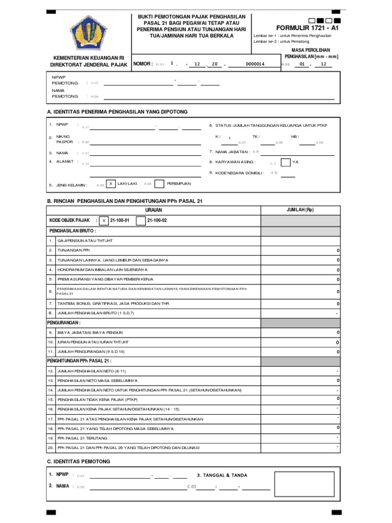 Contoh Formulir 1721-A1 PPh 21 | PDF