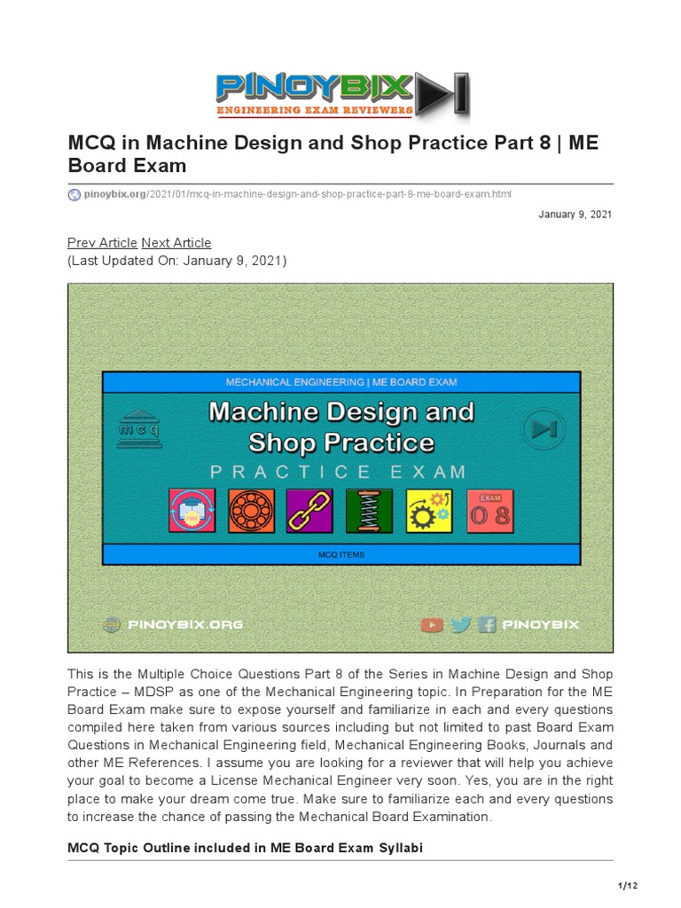 MCQ in Machine Design and Shop Practice Part 8 ME Board Exam | Download ...