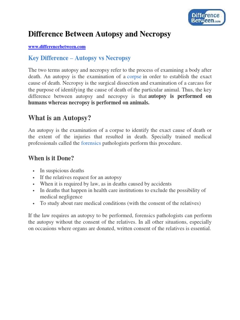 Difference Between Autopsy and Necropsy | PDF | Autopsy | Death