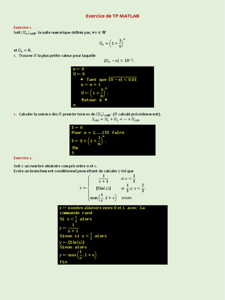 Série TP Matlab Loops | PDF | Mathématiques | Mathématiques appliqués