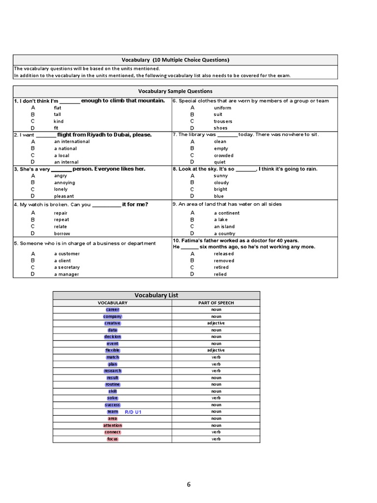 Vocabulary (10 Multiple Choice Questions) | PDF | Verb | Adjective