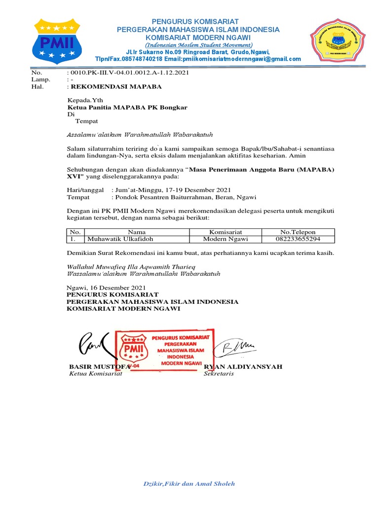 Contoh Surat Rekomendasi Mapaba PMII | PDF
