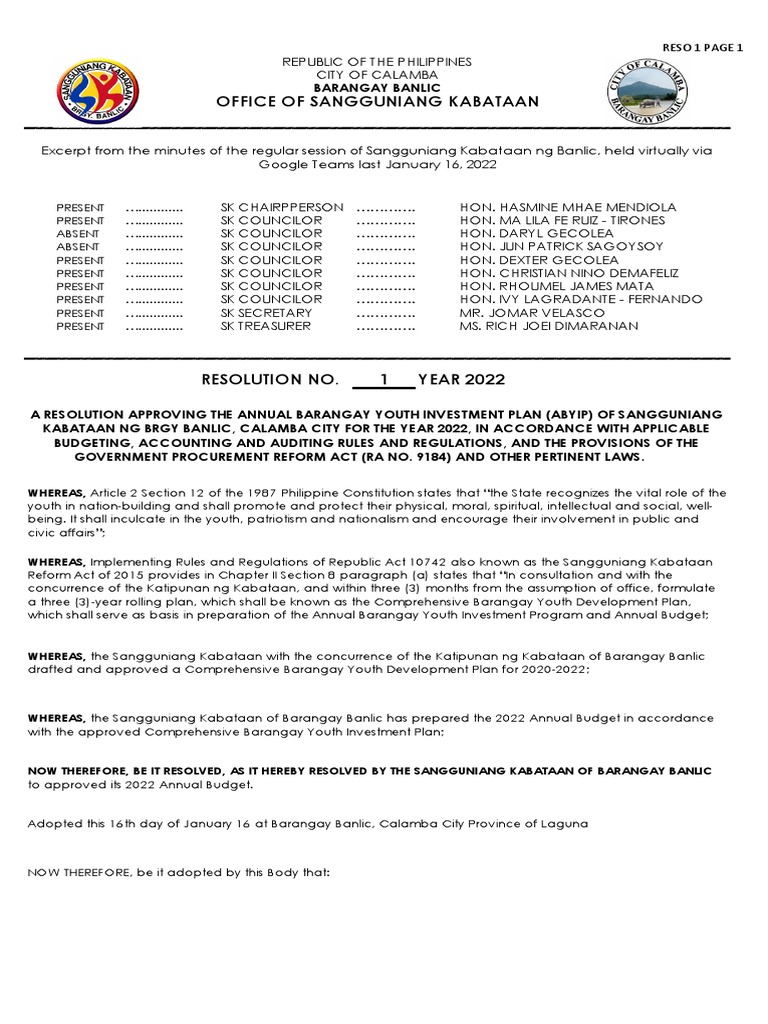 Resolution Approval of SK Banlic ABYIP 2020 | PDF | Government | Justice