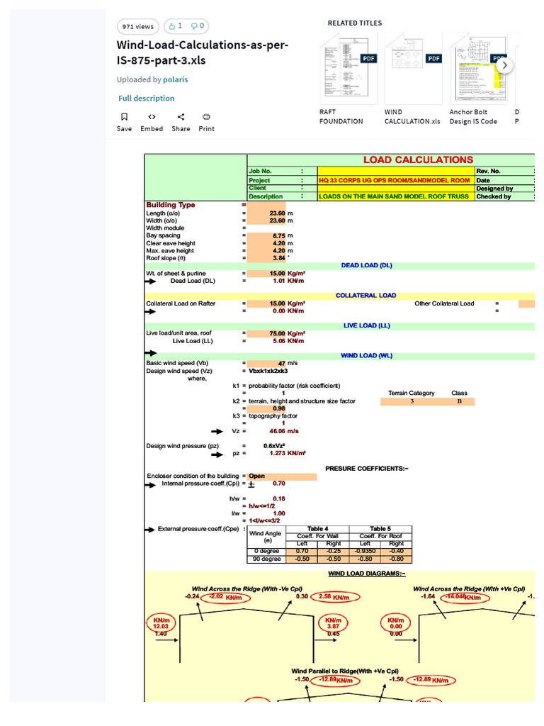 PDF Wind Load Calculations As Per Is 875 Part 3xls Compress | PDF ...