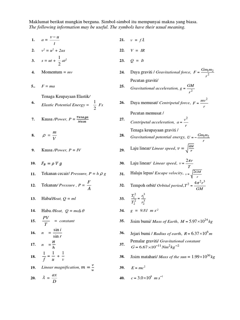 Senarai Rumus KSSM Fizik SPM | PDF | Gravity | Force