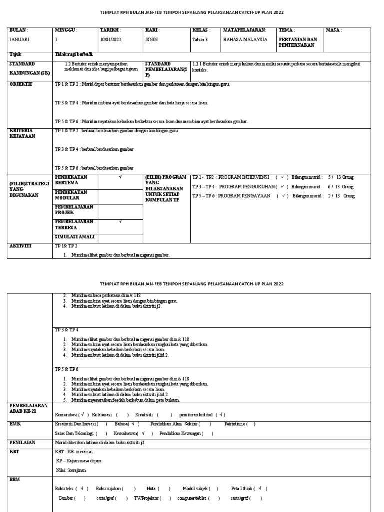 Template RPH Catch-Up Plan 10.01.2022 | PDF | Karier & Perkembangan | Seni