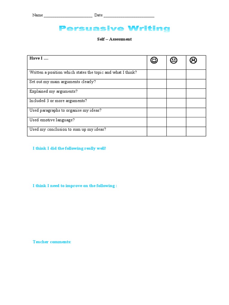 Persuasive Writing Self Assessment | PDF