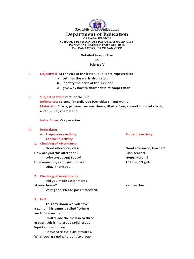 Parts of the Sun Lesson Plan for Grade 4 | PDF | Sun | Astronomy