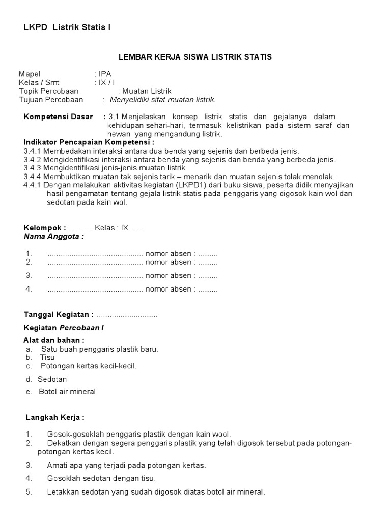 LKPD1 Listrik Statis | PDF | Sains & Matematika