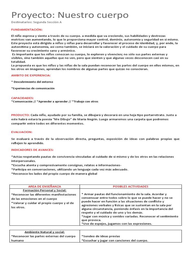 4 Proyecto Nuestro Cuerpo 2019 | PDF | Aprendizaje