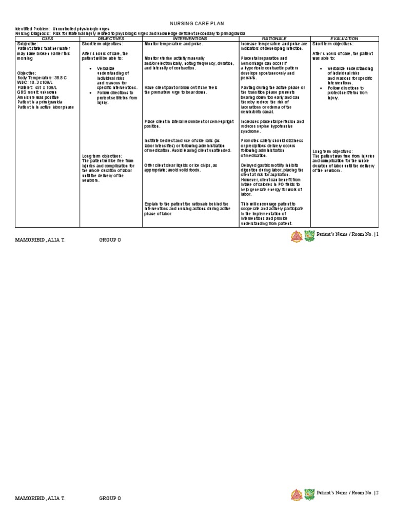 Nursing Care Plan: Cues Objectives Interventions Rationale Evaluation ...