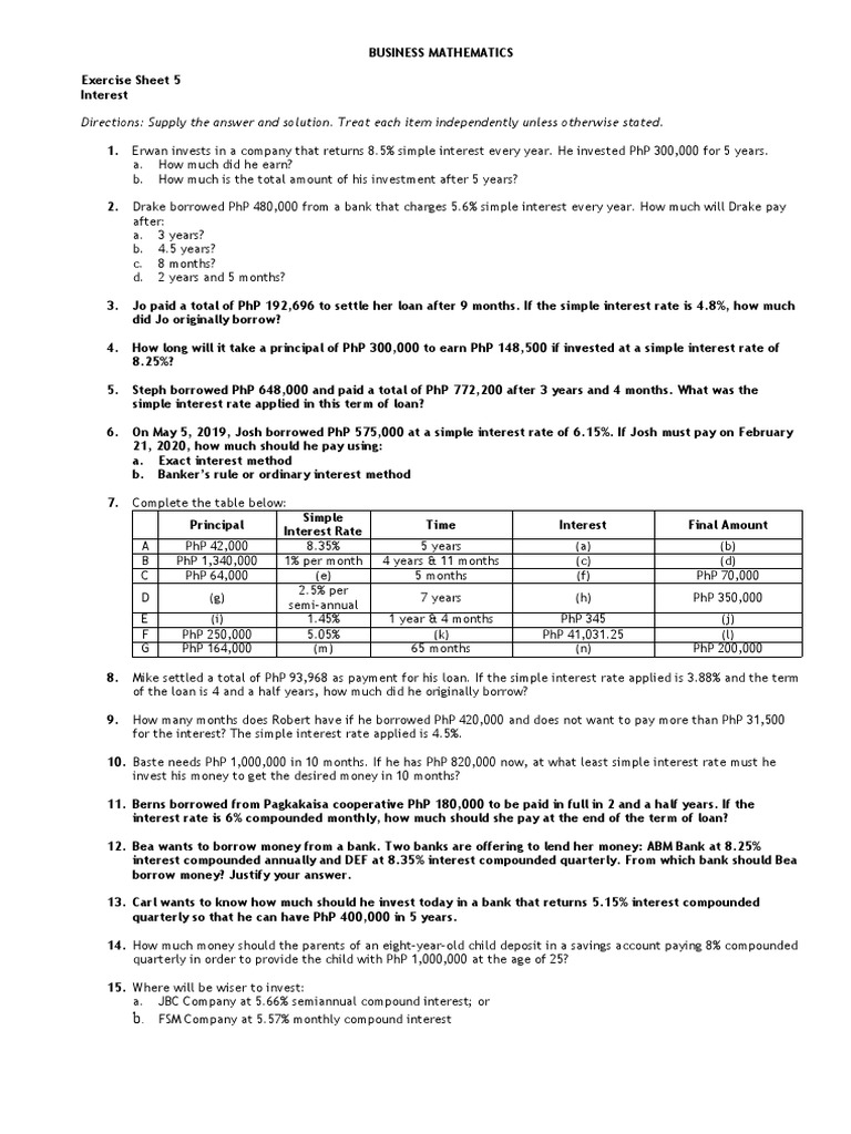 Business Mathematics Exercise Sheet - Interest | PDF | Interest ...