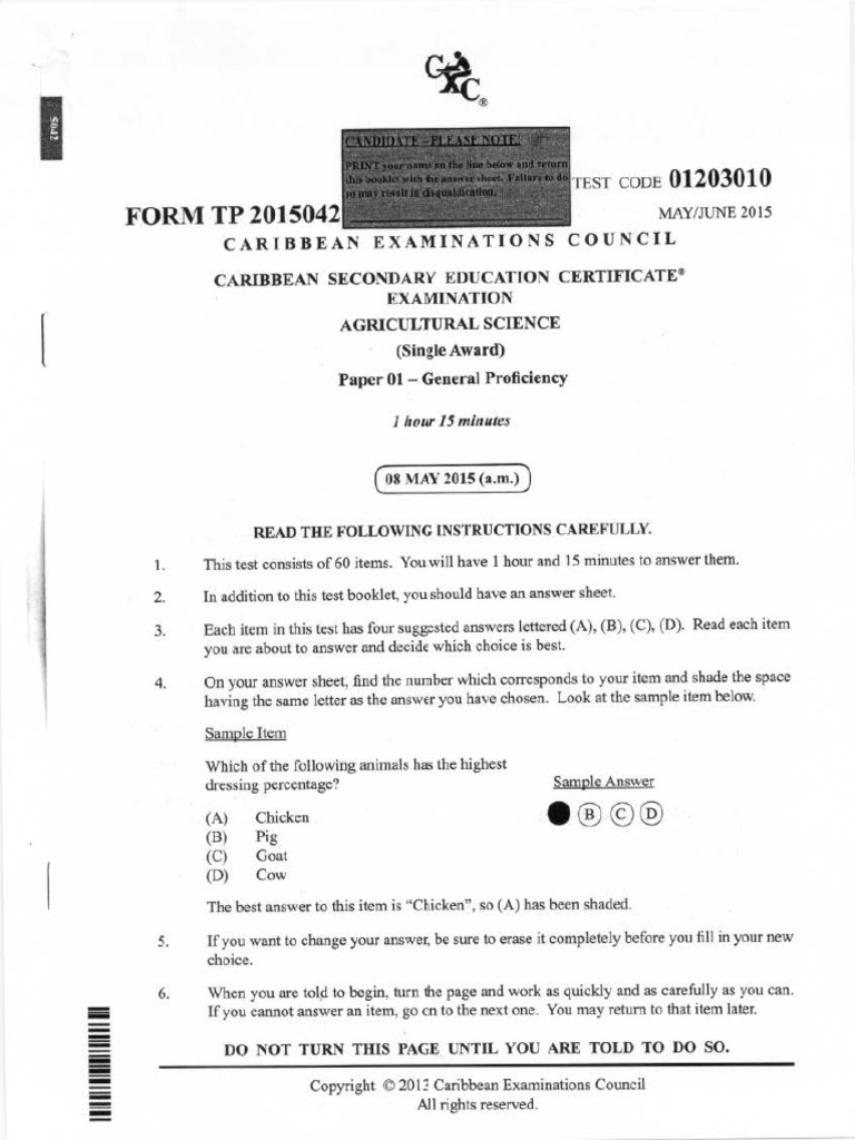 CSEC Agri Science P1 June 2015 | PDF