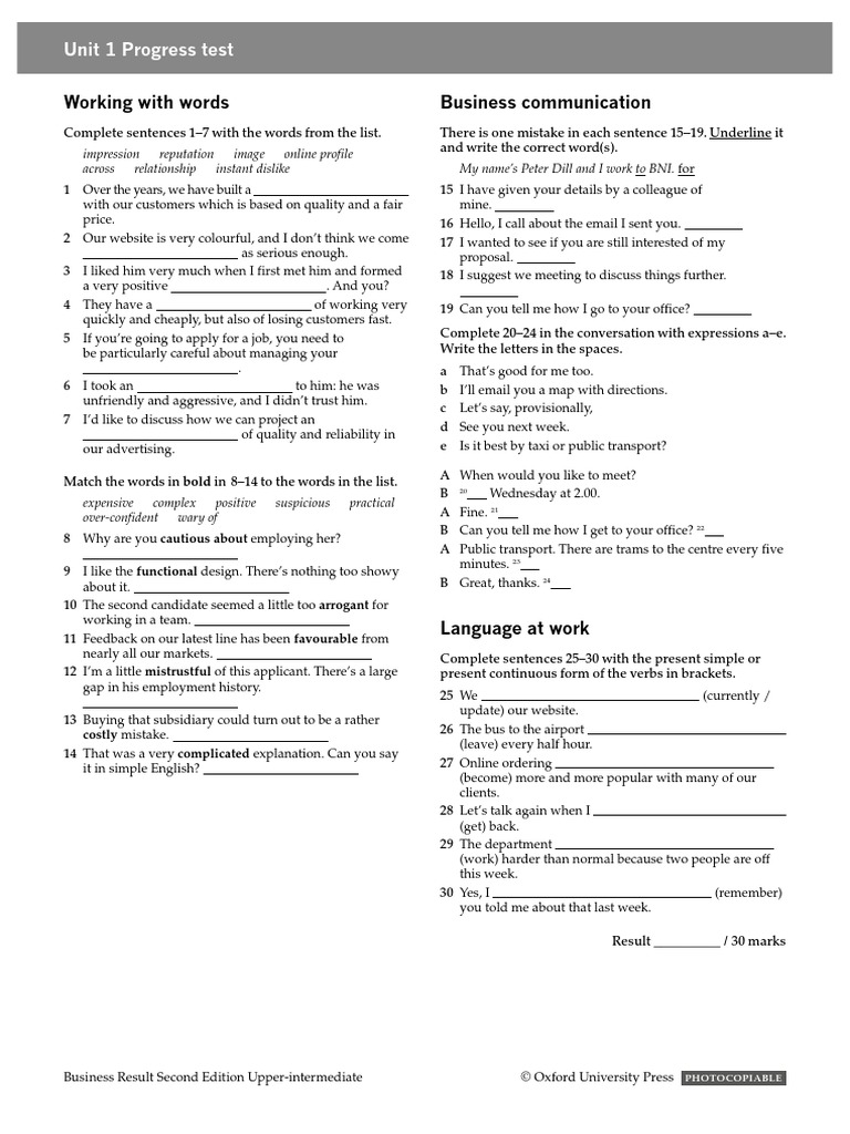 Working With Words Business Communication: Unit 1 Progress Test | PDF ...