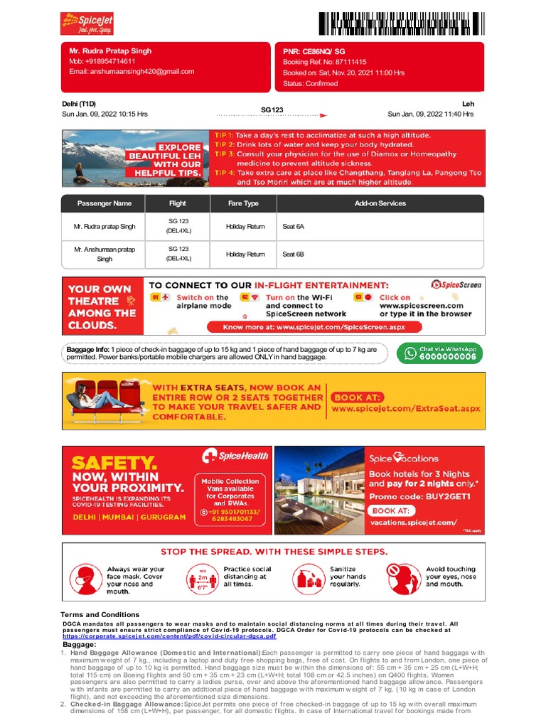SpiceJet - E-Ticket - PNR - CE86NQ 09 Jan 2022 Delhi-Leh For MR. SINGH ...