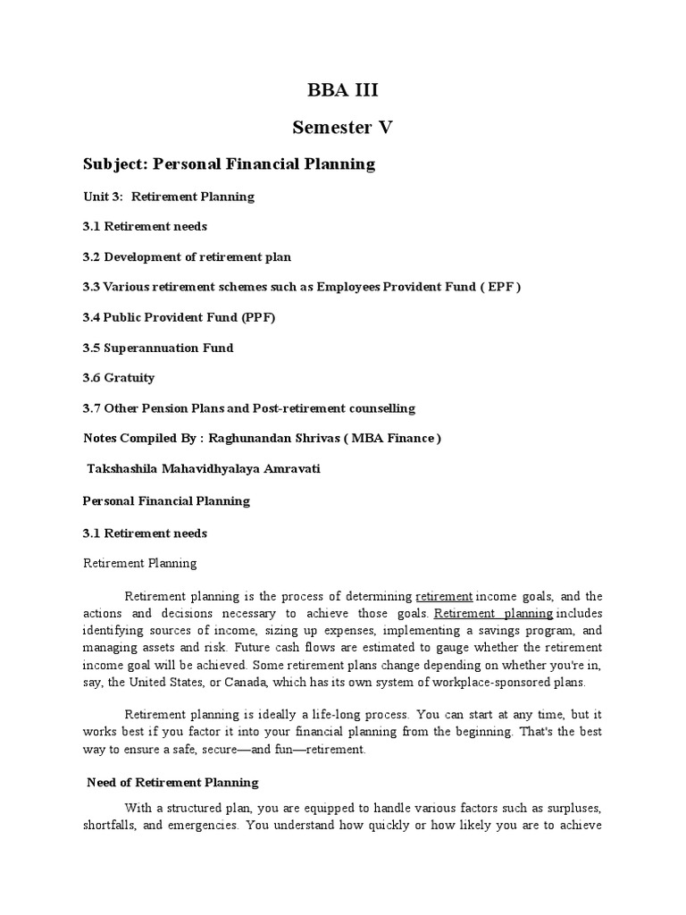 PFP Retirement Planning Unit 3 Bba III | PDF | Pension | Retirement