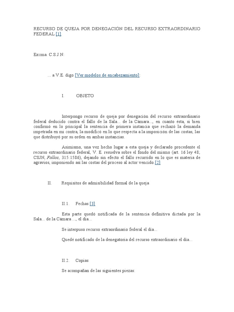 Modelo Recurso de Queja Por Denegación Del Recurso Extraordinario Federal | PDF | Sentencia (ley ...