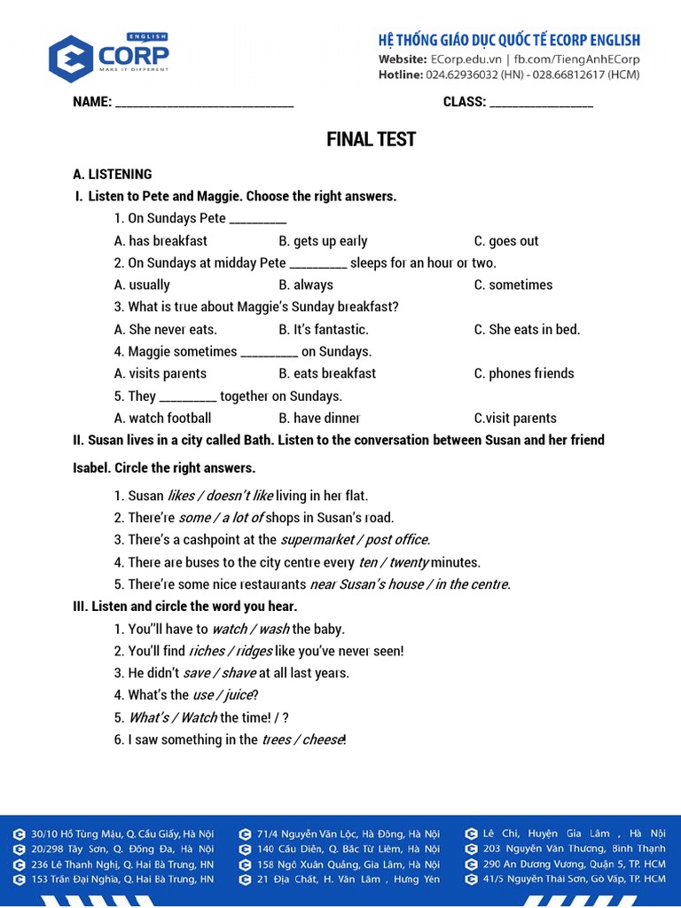 Listening and Reading Test for ESL Students | PDF
