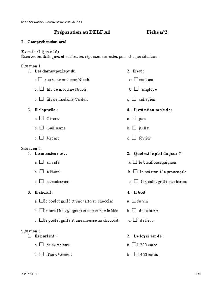 FICHE2 Delf A1 | PDF