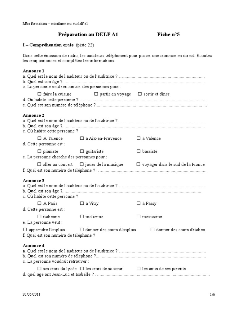 Préparation au DELF A1: Fiche 5 | PDF | Maison et jardin | Études des ...