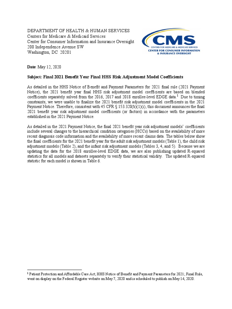 Final 2021 Benefit Year Final HHS Risk Adjustment Model Coefficients ...