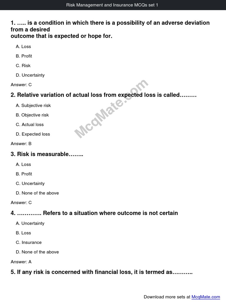 Risk Management and Insurance MCQs | PDF | Risk | Risk Management