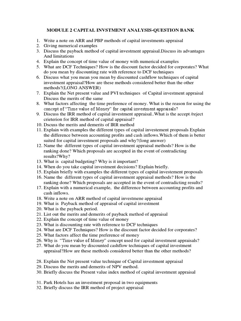 Module 2 Capital Investment Analysis Question Bank | PDF | Capital ...