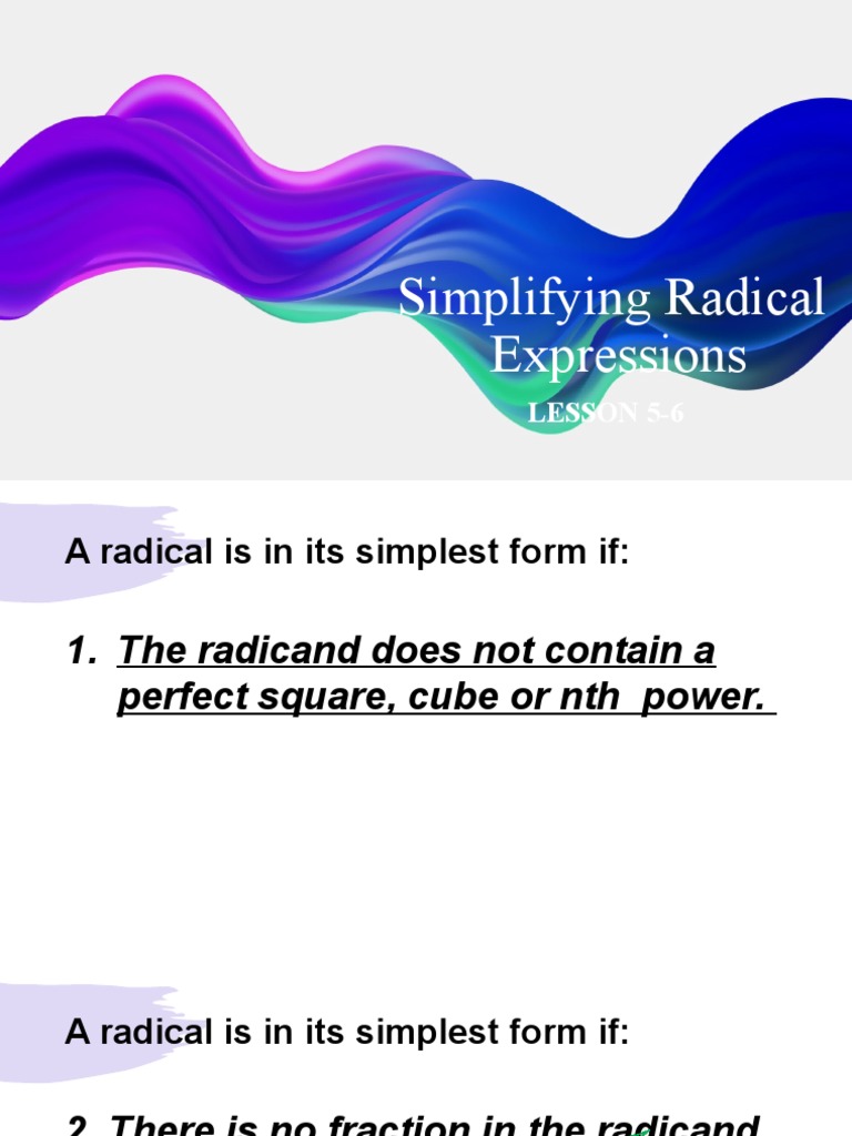 Simplifying Radical Expressions | PDF | Algebra | Mathematical Objects