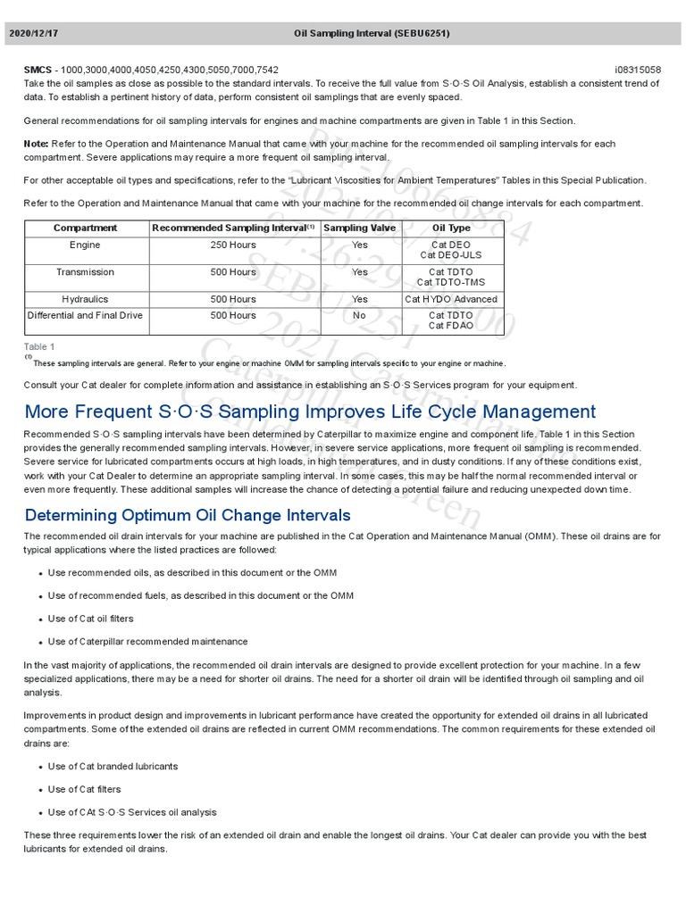 Oil Sampling Intervals | PDF | Motor Oil | Diesel Engine